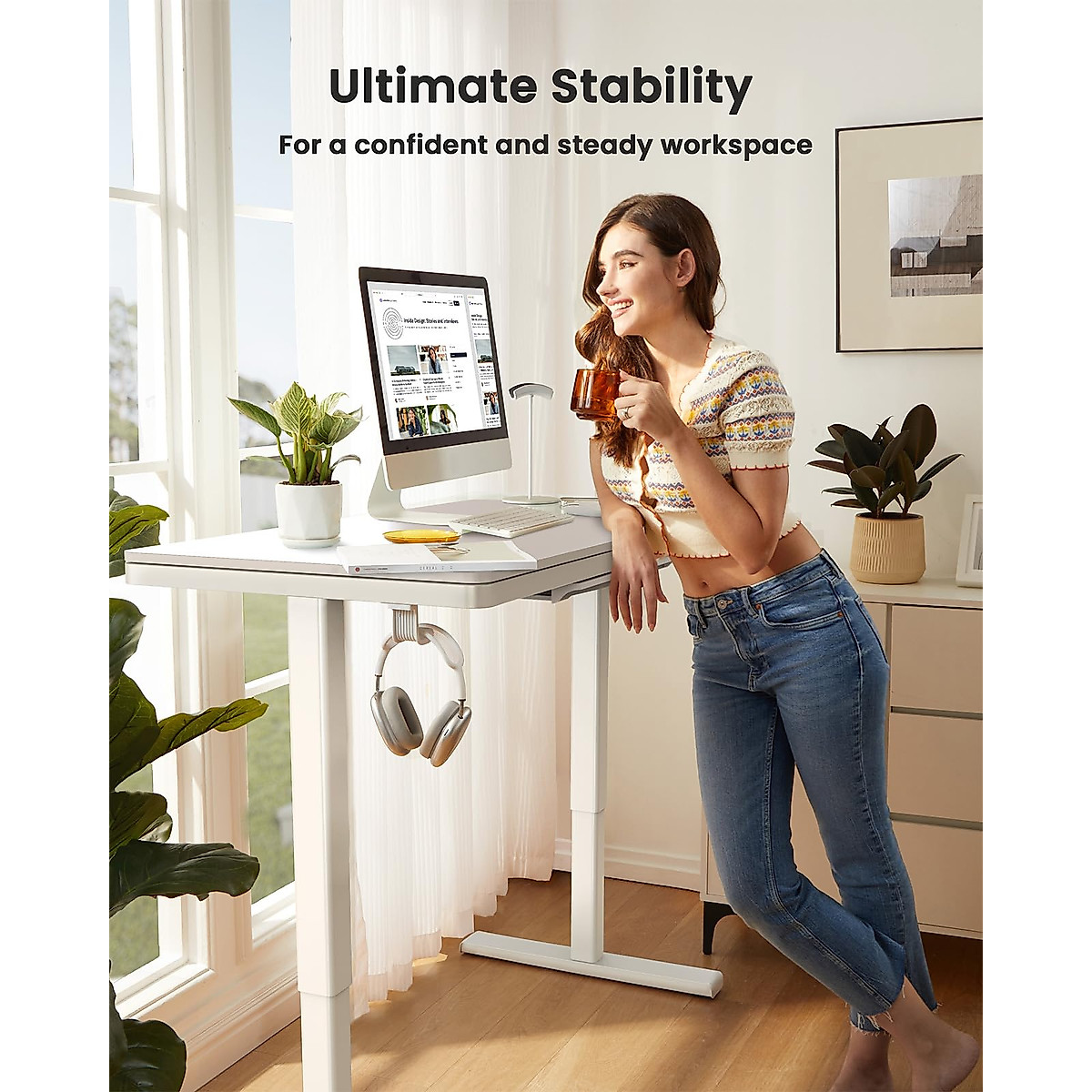 ErGear Dual Motor Electric Standing Desk with Drawers,48x24 Inch Whole-Piece Quick Install,Height Adjustable Stand up Sit Stand Home Office Ergonomic Workstation with USB Charging Ports(White)