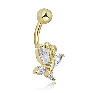 AVORA 10K Yellow Gold Simulated Diamond CZ Dangling Fancy Butterfly Belly Button Ring Body Jewelry (14 Gauge)