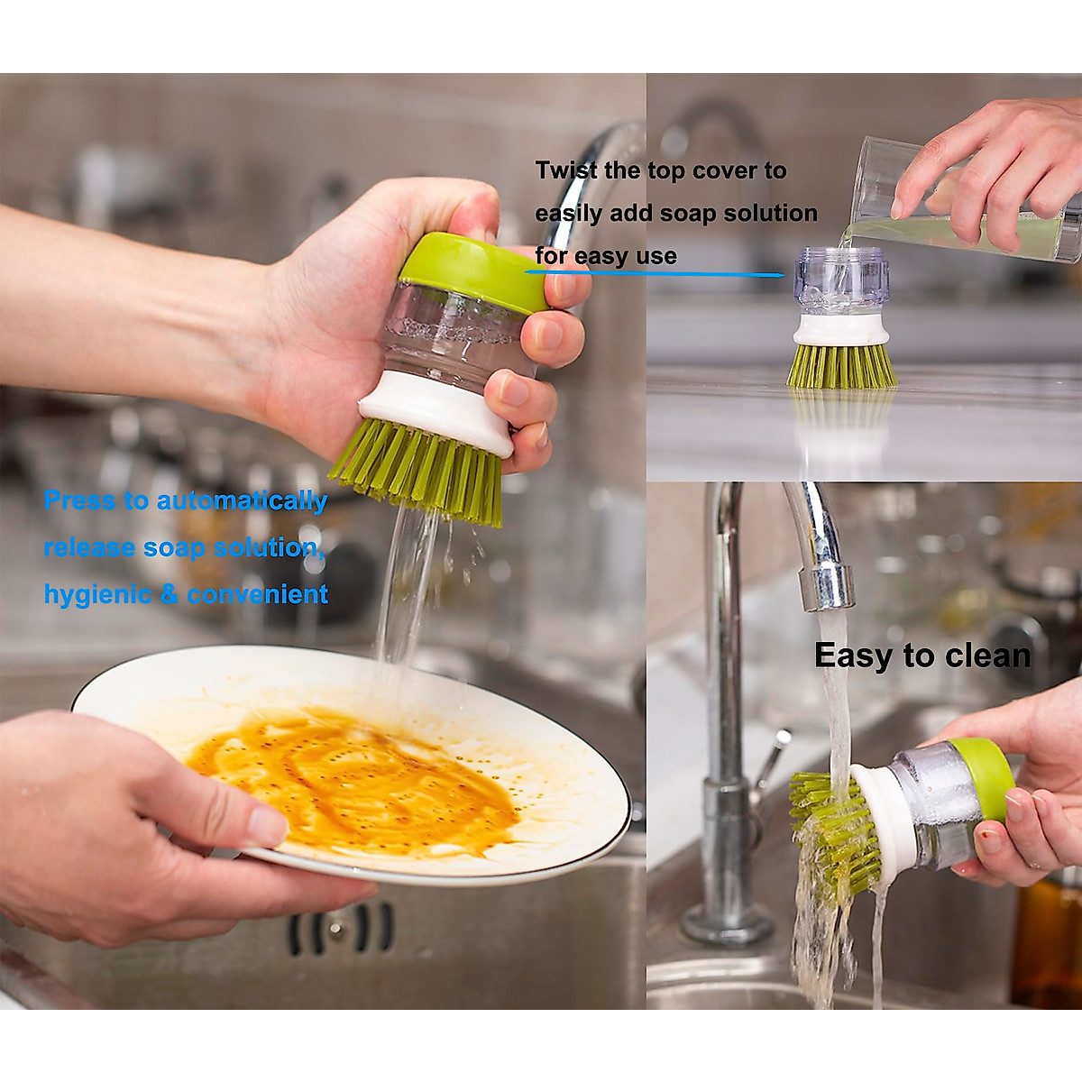 Soap Dispensing Brush(2 Pieces), Press to Automatically Add Liquid, Soap Dispensing Palm Brush Kitchen Brush with Holder for Pan Sink/Kitchen/Stove Sleaning—Pink Green