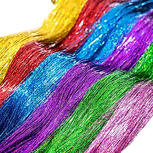 Hair Tinsel Kit with Tool 12 Colors 3000 Strands Hair Tinsel Kit Shiny Fairy Hair Tinsel Extensions Colord Party Highlights Glitter Hair Extensions Multi-Colors Hair Tinsel Kit (12 Colors, 45")