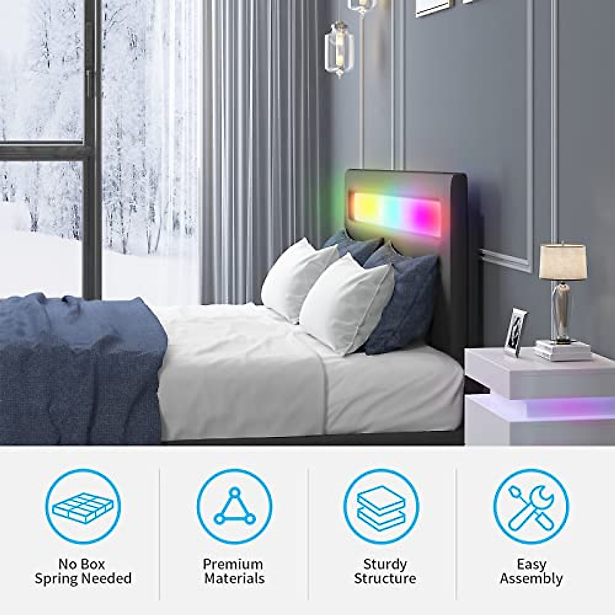 Mjkone Queen Size Bed Frame, LED Bed Frame with Smart RGB LED Light Bar, Works with Alexa or Apps, Platform Bed with Adjustable Lighting, Upholstered Bed Frames with Headboard, No Mattress, Black