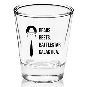 The Office Merchandise Shot Glass Gift Set - Prison Mike, Dunder Mifflin, & Bears Beets Battlestar Galactica - The Office Gifts for Men and Women