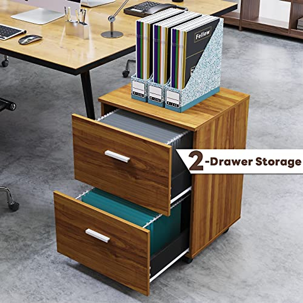 Maxtown 2 Drawer Mobile File Cabinet, Mobile lateral File Cabinet with Storage, Wood Filing Cabinet Under Desk, Printer Stand with Rolling, Teak