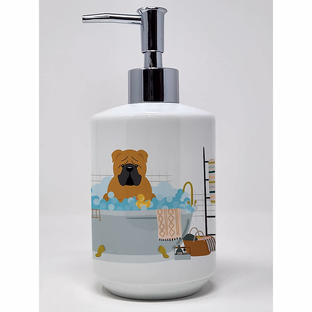 Caroline's Treasures WDK5819SOAP Red English Bulldog in Bathtub Ceramic Soap Dispenser Hand Soap Dispenser Pump Bottles for Bathroom Kitchen, Empty Refillable Liquid Soap Container