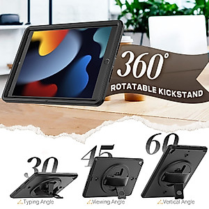 SEYMAC stock Case for iPad 9th/ 8th/ 7th Generation 10.2 Inch 2021/2020/ 2019, Full-Body Case with 360 Rotating Stand & Hand Strap [Pen Holder] [Screen Protector] - Black