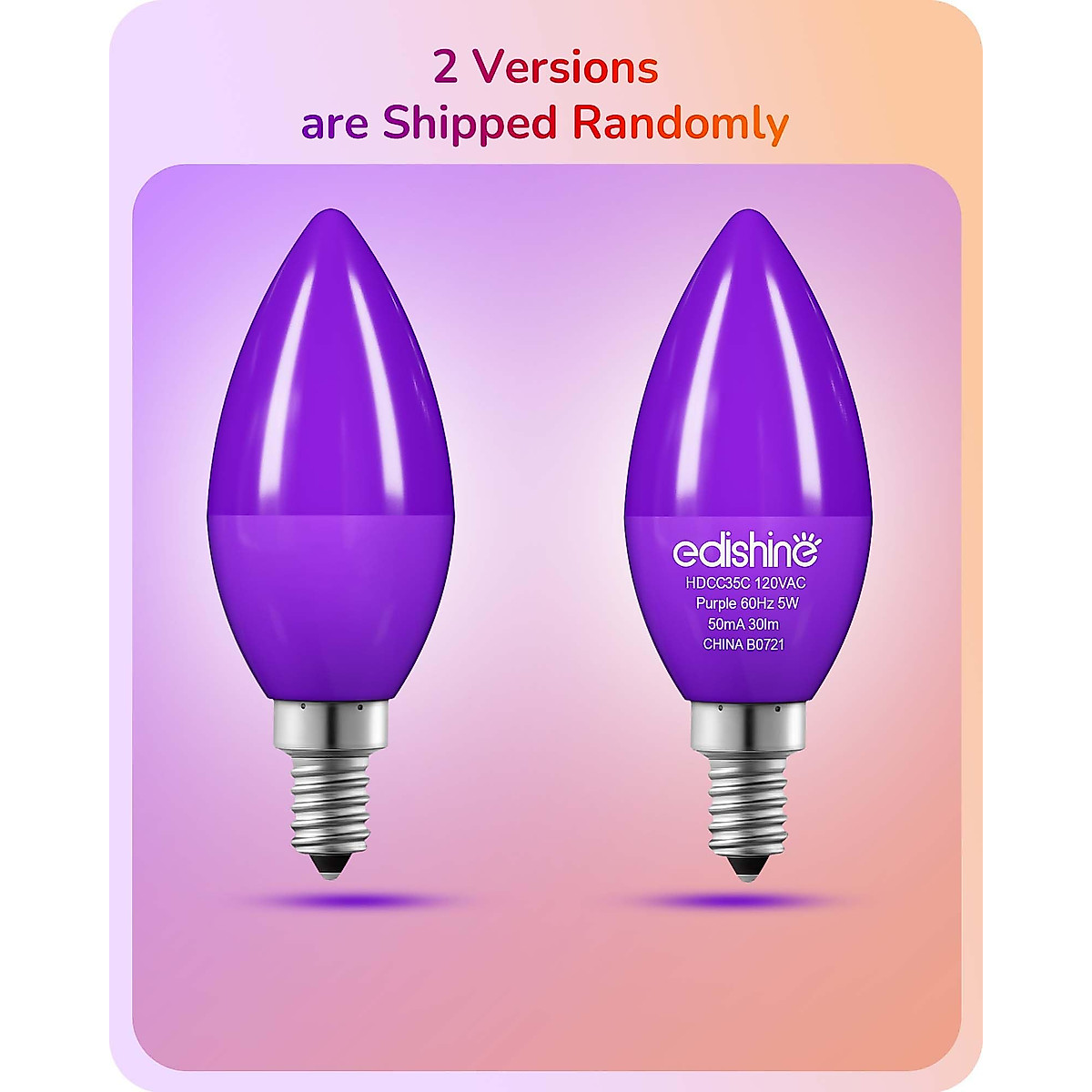 EDISHINE Christmas C35 Purple & Orange Dimmable LED Light Bulb, E12 Candelabra Bulbs, 60 Watt Equivalent, LED Chandelier Bulb, Vintage Candle Light Bulb, Decorations for Christmas, Party, 6 Pack