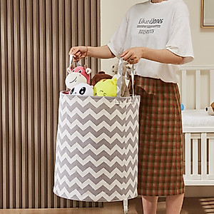 TECHMILLY Baby Laundry Basket with Long Handles, 63L Collapsible Kids Laundry Hamper, Toy Storage Basket for Nursery, Bedroom Decor for Girls and Boys (Grey Chevron)