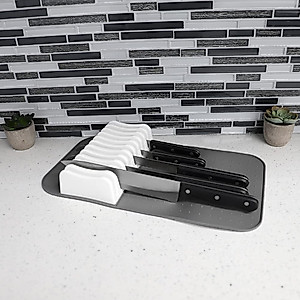11 Slot Kitchen Knife Storage Mat (Grey/White), By Home Basics | Kitchen Knife Storage For Steak, Pairing, and Santoku Knives | Knive Storage For Drawer