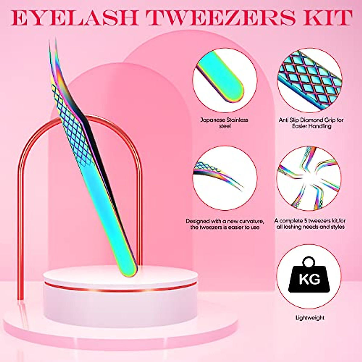 7 Pcs Eyelash Extension Tweezers Set Diamond Grip Lash Tweezer for Eyelash Extensions Japanese Stainless Steel Straight and Curved Tip Precision Tweezers Kits for Profession and Beginner (Colorful)
