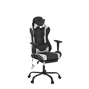Vnewone Computer Gaming Chair Office PC Ergonomic Home Executive Desk Racing Rolling Swivel Task Adjustable High-Back PU Leather with Lumbar Support Footrest Headrest Armrest Massager, White