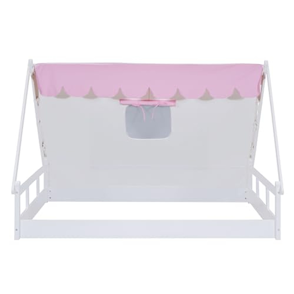 HBRR Full Size Montessori Floor Fabric, Platform Tent w/Fence and Roof, Wood Playhouse Bed for Girls Boys Bedroom, White+Pink