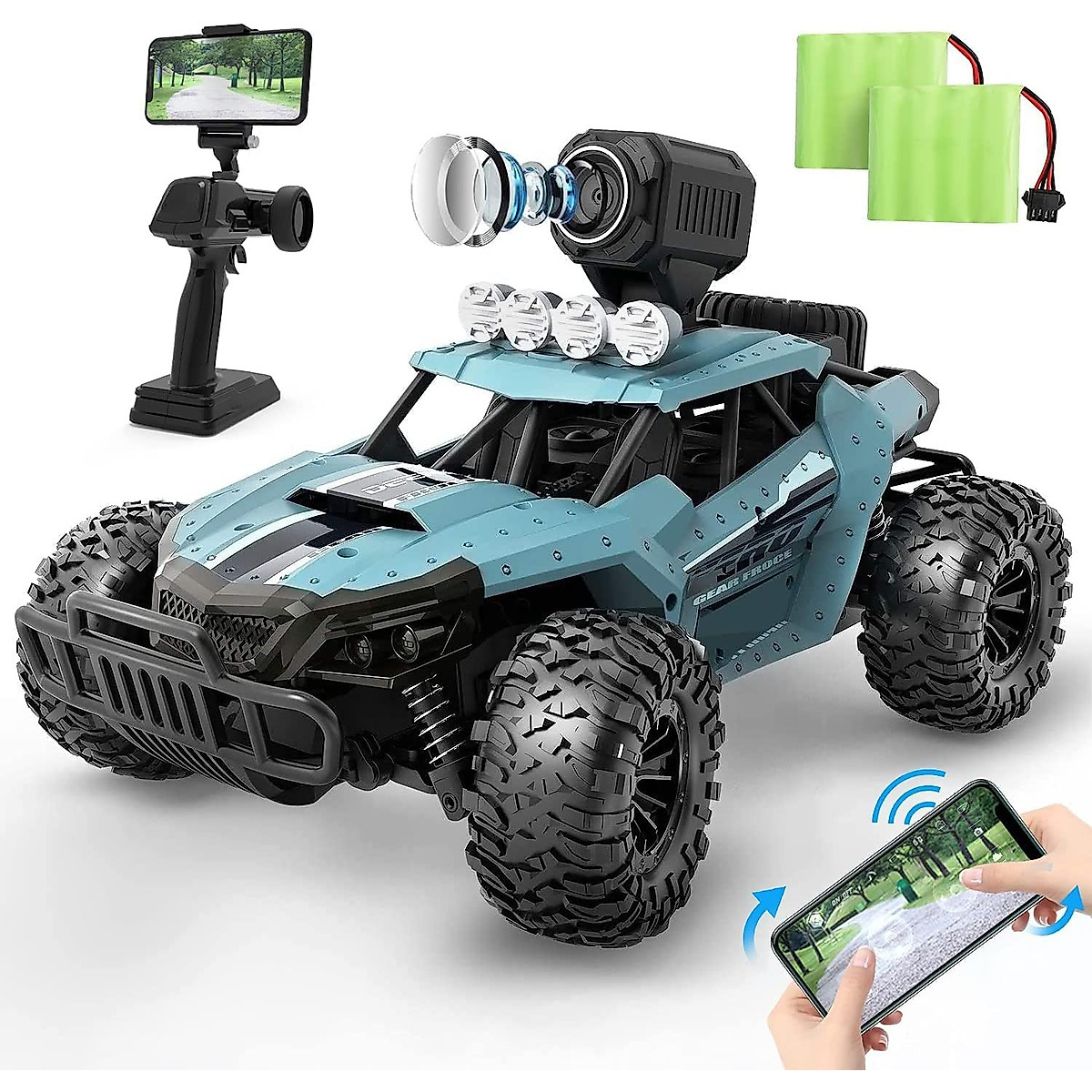 DEERC DE65 Remote Control Car with 1080P HD Camera,1:16 Scale RC Cars with LED Chassis Light&Headlights, 2.4Ghz High Speed Monster Truck Toy Vehicle, 2 Batteries for 60 Mins Play, Gift for Kids Boys