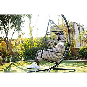 Barton Premium Egg Chair Egg Style Hanging Chair Beige w/Deep Cushion Soft Relaxing Luxury Outdoor Indoor Patio Bedroom Hanging Swinging