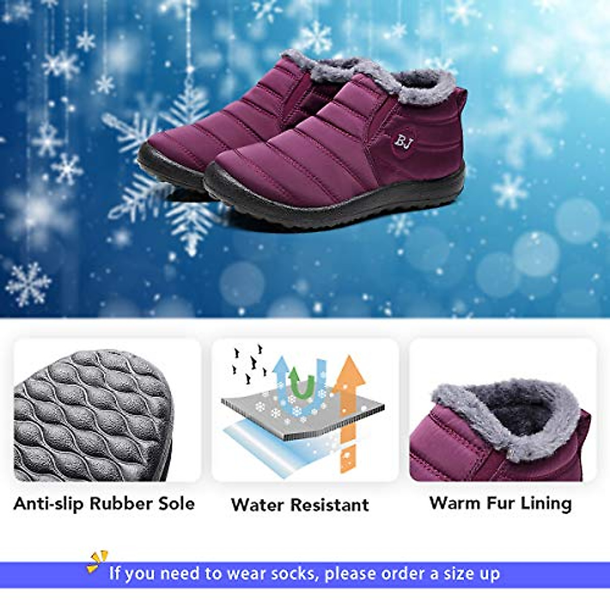 Lazzy Womens Winter Snow Boots, Faux Fur Velcro Ankle Short Booties, Anti-Slip Velour Cuff Sock Knit Boots for Indoor Outdoor Purple Size 7.5