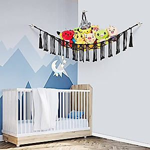 Stuffed Animal Net or Hammock, Porsuluola Macrame Toy Net Hammock for Stuffed Animals with Tassel Wall Corner Toy Storage Hammock Kids Hanging Mesh Toy Net Organizer Black