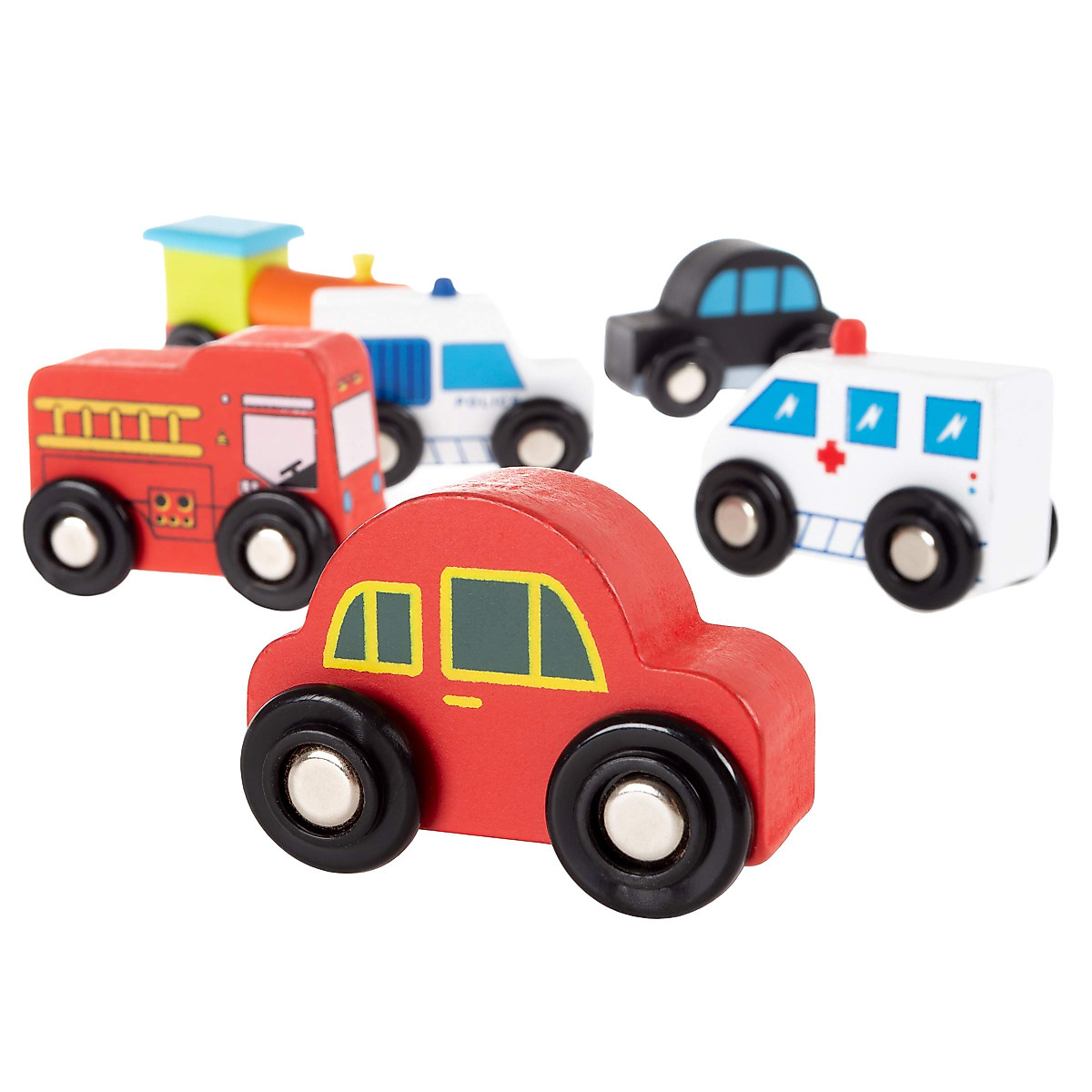 Hey! Play! Wooden Car PlaySet-6-Piece Mini Toy Vehicle Set with Cars, Police and Fire Trucks, Train-Pretend Play Fun for Preschool Boys and Girls