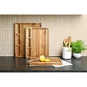 Acacia Wood Cutting Board with Compartments, Cutting Board with Juice Grooves, Charcuterie Board for Meat, Cheese, and Vegetables (Small)