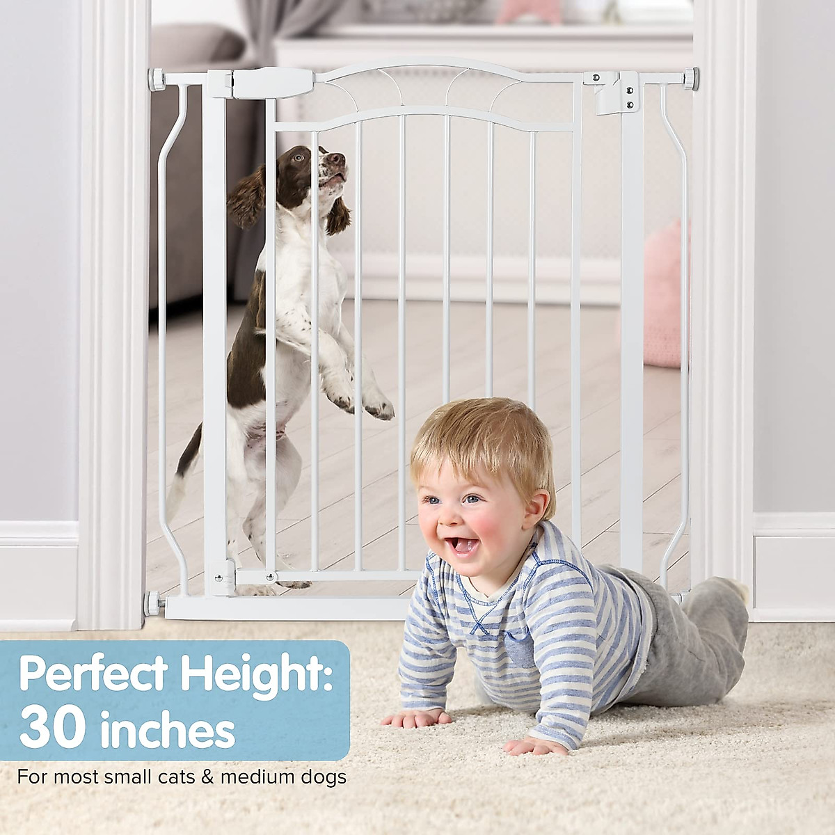 Baby Gate 29.5” to 53”, 30” Height Extra Wide Dog Gate for Stairs, Doorways and House, Auto-Close Safety Dog Gate for Pets, Pressure Mounted, White