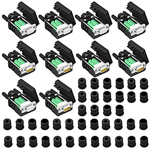 ANMBEST 10PCS DB9 Breakout Connector, 5PCS Male + 5PCS Female DB9 Solderless RS232 D-SUB Serial to 9-pin Port Terminal Adapter Connector Breakout Board with Case Long Bolts Tail Pipe