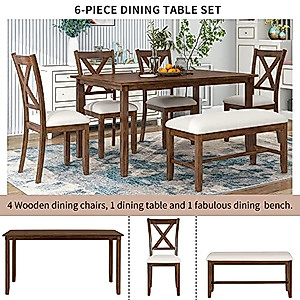 Merax 6-Piece Wood Kitchen Dining Table Set with 4 Fabric Chairs and Bench, Family Furniture, Natural Cherry_6pcs_2
