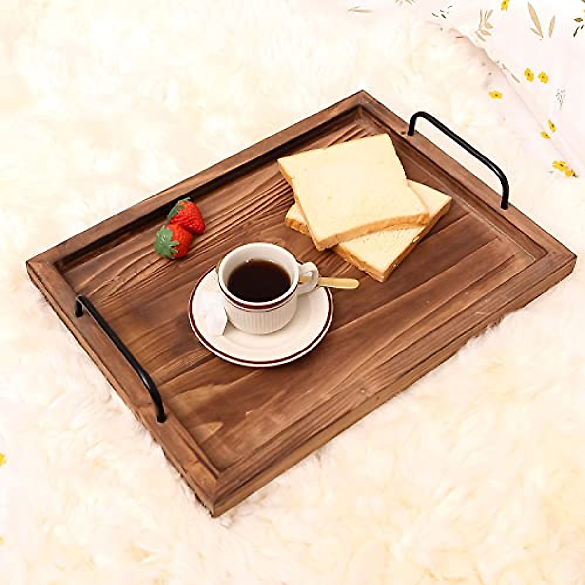 Ottoman Tray with Handles Set of 2 Serving Tray for Coffee Table Decorative Tray Rustic Rectangular Tray for Food Dinner Breakfast Kitchen Bedroom Living Room Housewarming Gift, Large & Small, Brown