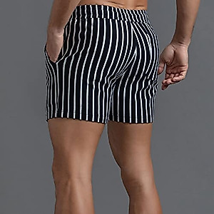 Men's Classic Cargo Stretch Short Mens Summer Solid Color Big Pockets Striped Pants Pocket Drawstring Loose Casual Black