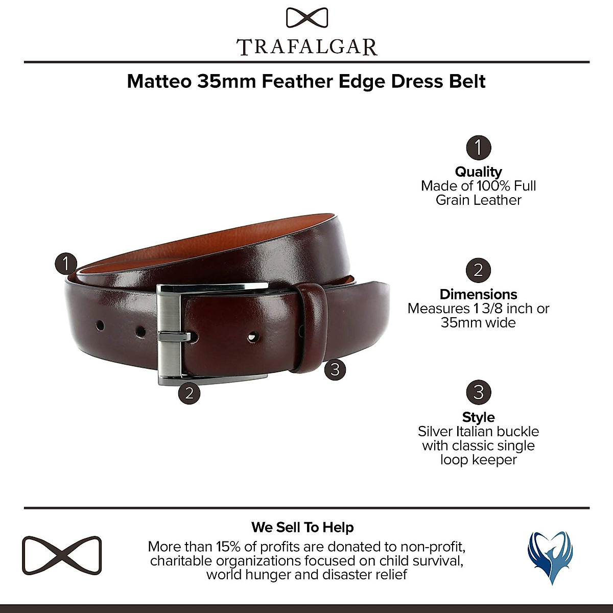 Trafalgar Men's Matteo 35mm Feather Edge Dress Belt, 36, Brown