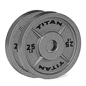 Titan Fitness 25 LB Cast Iron Olympic Plates, Sold In Pairs, Classic Weight Plate Design, Silver Hammer Finish