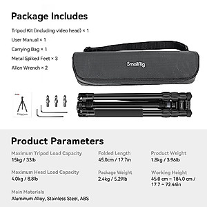 SmallRig CT190 Professional Video Tripod, 72" Camera Tripod with Leveling Base, Monopod Conversion, Video Tripod for Travel, Video and Vlogging, with Carry Bag, Load up to 8.8 lbs/4 kg - 4319