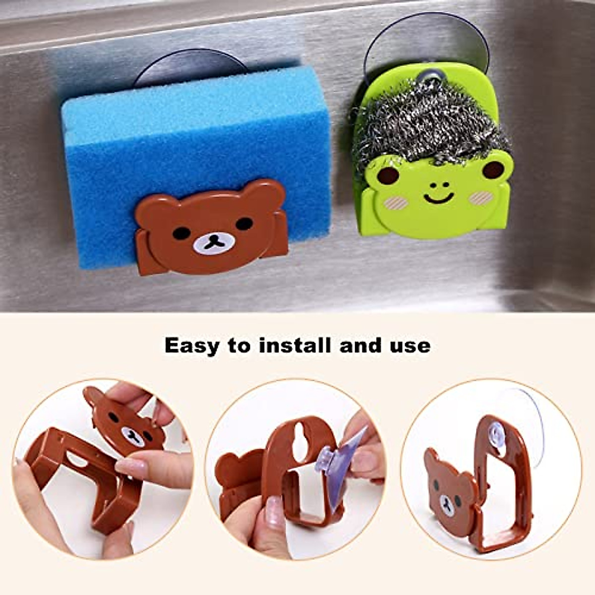 Sponge Holder for Kitchen Cute Adhesive Kitchen Sink Caddy, Plastic Sink Sponge Rack Kawaii Cartoon Kitchen Dish Sponge Hooks Organizer Suitable for Kitchen Accessories, Save Sink Space (4 Pack)