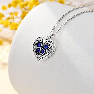 SOULMEET Personalized Beautiful Blue Morpho Butterfly Locket Necklace That Holds 2 Pictures Photo Sterling Silver Insect Locket (Custom photo & text)