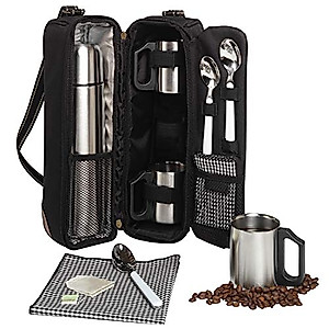 Picnic at Ascot Travel Coffee Tote for 2 Including Stainless Vacuum Flask, Cups, Creamer and Teaspoons- Designed & Assembled in the USA