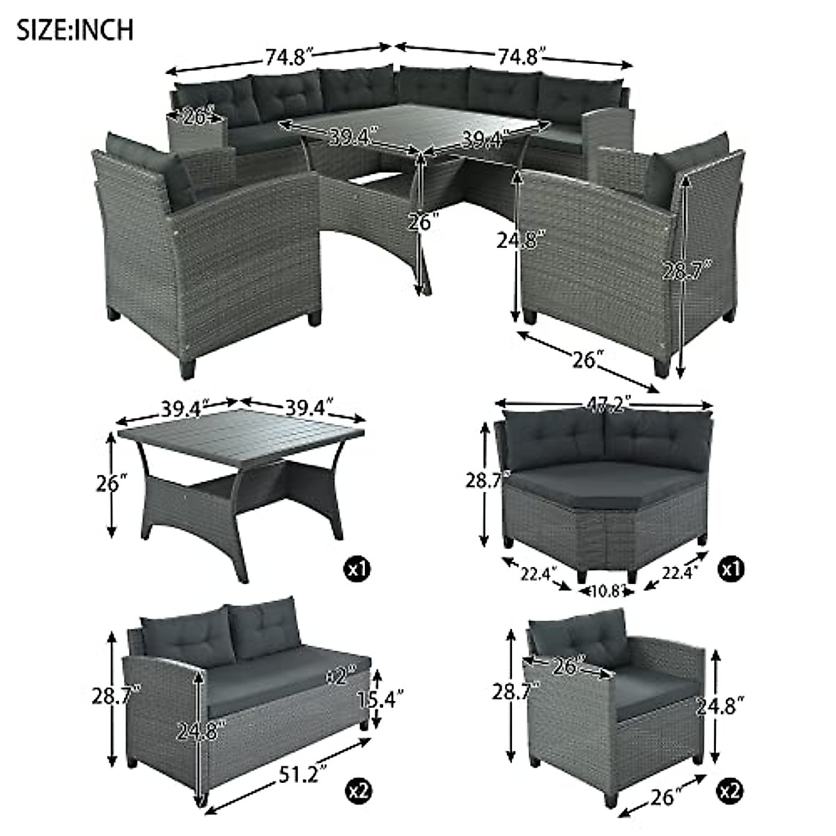 DHPM 6 Pieces Patio PE Wicker Furniture Set Outdoor Brown Rattan Sectional Conversation Sofa Chair with Storage Table and Beige Cushions, for Garden, Yard, Deck, Black