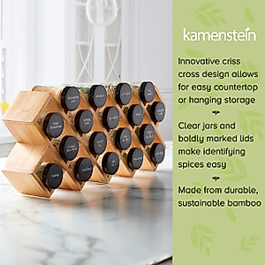 Kamenstein 18 Jar Criss-Cross 2-in-1 Spice Organizer for Countertop or Wall with Spices Included, FREE Spice Refills for 5 Years, Bamboo with Black Caps