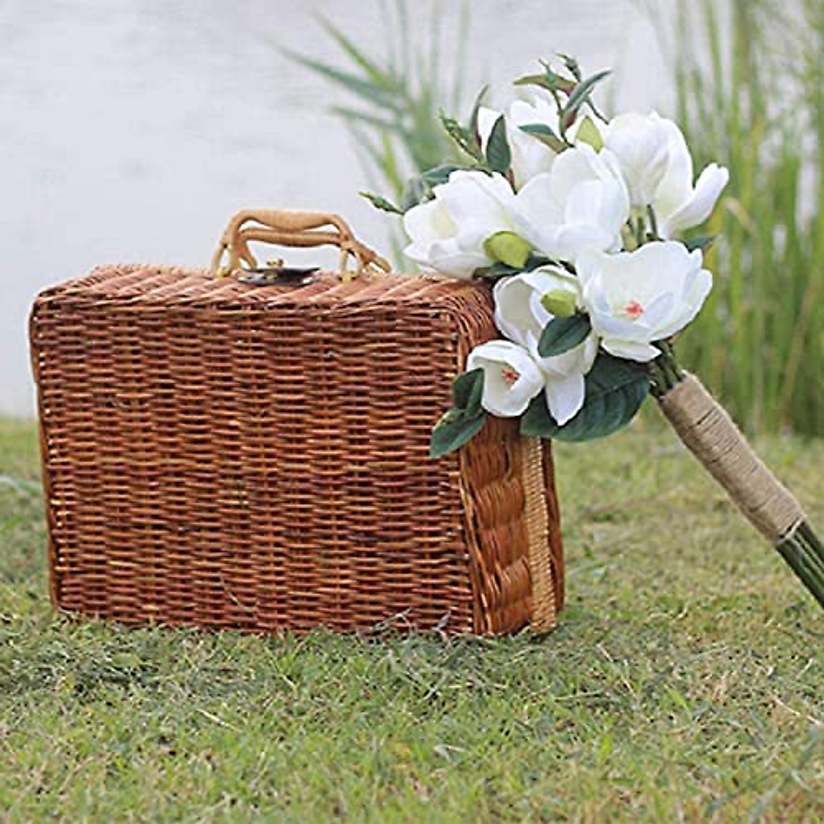Jerome Picnic Basket,Woven Wicker Vintage Suitcase Woven Basket Rattan Case Picnic Weave Laundry Basket B