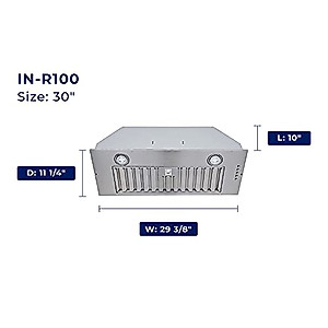 Hauslane | Chef Series Range Hood R100 30" Built-In/Recessed Stove Hood | Compact Stainless Steel | 3 Speed Kitchen Exhaust Fan with Light | Dishwasher-Safe Baffle Filter | 6" Duct