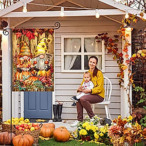 JOPHMO Fall Garden Flag, Happy Fall Gnomes Pumpkins Small Garden Flags 12x18 Inch, Double Sided Vertical Burlap Yard Flag Home Seasonal Outdoor Decor