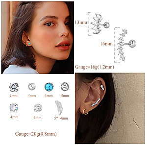 PLOMFOV 13Pairs 20G Cartilage Earrings for Women Men CZ Feather Barbell Earrings Stainless Steel Cartilage Hoop Earring 16G Tragus Conch Helix Piercing Jewelry Silver Tone