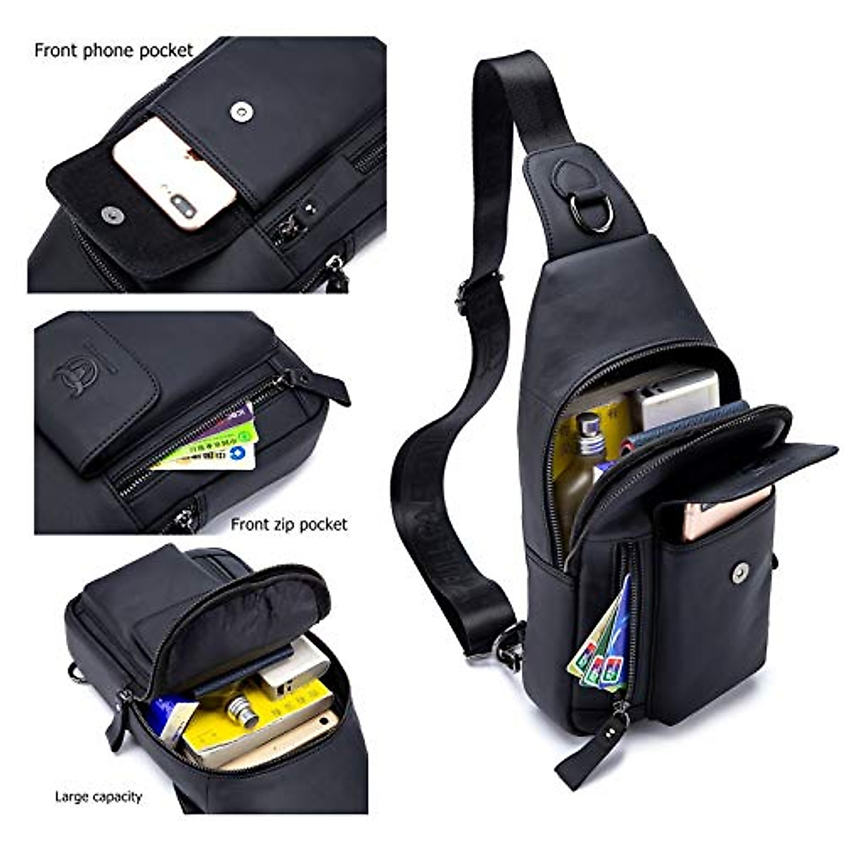 BULLCAPTAIN Genuine Leather Men Sling Bag Travel Crossbody Chest Bag Large Capacity Casual Hiking Daypack (Black)