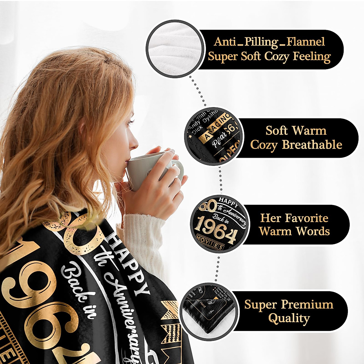 60th Anniversary Blanket Gifts Gift for 60th diamond Wedding Anniversary Sixty Years of Marriage Gifts for Couple Wife Husband Dad Mom Parents Grandpa Grandma Grandparents Back in 1964 Blanket 60x50