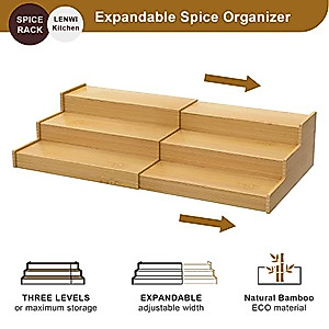 Lenwi Spice Rack Organizer for Cabinet, 3 Tier Expandable Bamboo Spice Storage, Great for Kitchen Cabinet, Cupboard,Pantry and More(Natrual)