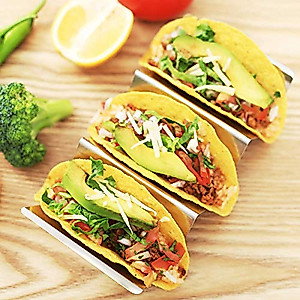 DEELF OUTLET 8 Packs Taco Holder Stand Stainless Steel Metal Taco Shell Holders with Handles Taco Rack Taco Serving Tray Oven and Dishwasher Safe, Set of 8 and Hold up to 24 Taco Shells