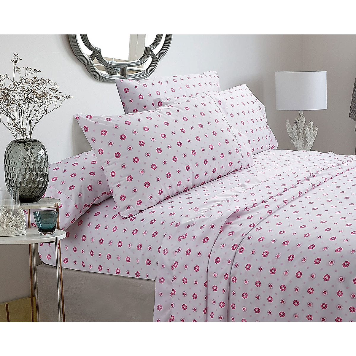 Cozy Line Home Fashions Floral Peace & Love Flower Polka Dot Pink & White Polyester Bedding Girl Sheet Set Queen (Fitted Sheet w/Deep Pocket, Flat Sheet, Pillow Cases)