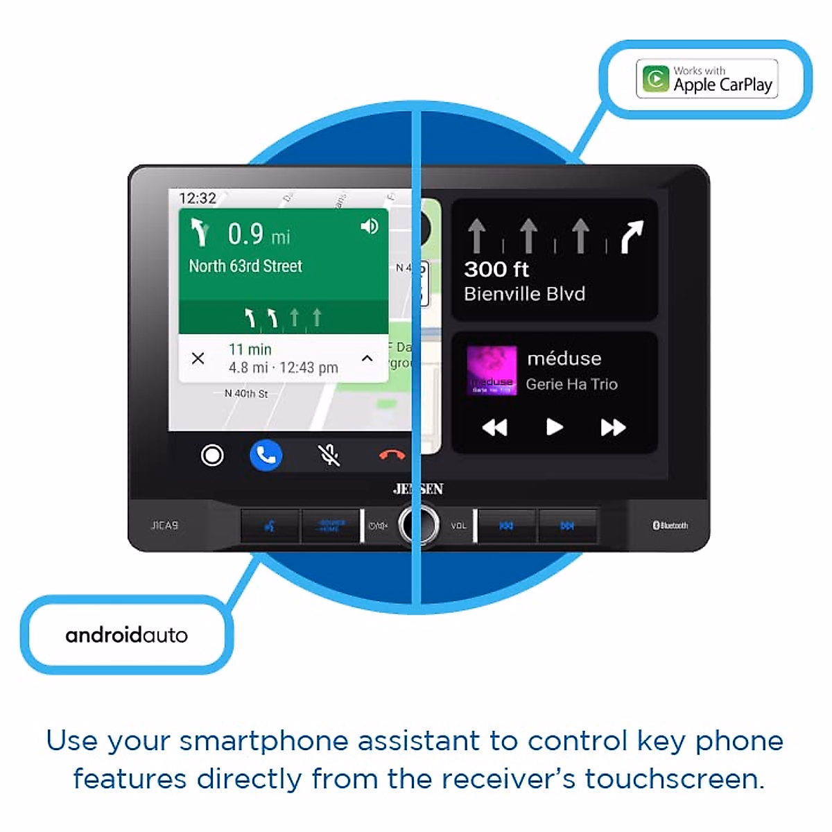 JENSEN J1CA9 9-inch Certified Apple CarPlay Android Auto | Single DIN Touchscreen Car Stereo Radio | Bluetooth Hands Free Calling & Music Streaming | Backup Camera Input | USB Playback & Charging