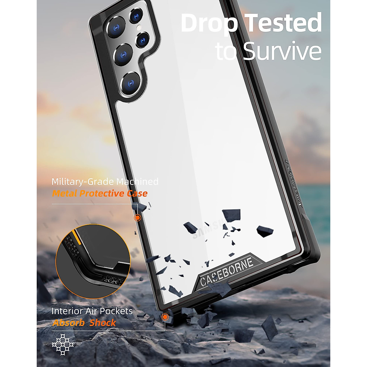 CaseBorne R Compatible with Samsung Galaxy S22 Ultra 5G Case - Shockproof Protective Clear, Military Grade 12ft Drop Tested, Durable Aluminum Frame, Anti-Yellowing Technology - Black