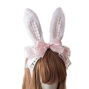 LittleLuluda Easter Party Hair Accessory Headband Gothic Lolita Cosplay Cute Rabbit Bunny Ears Bow Lace Hair Band Headwear (Pink)
