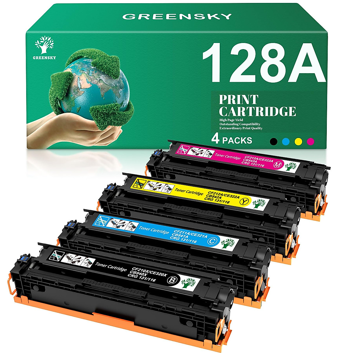 GREENSKY Compatible Toner Cartridge Replacement for HP 128A CE320A CE321A CE322A CE323A for HP Laserjet Pro CM1415fn CM1415fnw CP1525n CP1525nw Printer (Black Cyan Yellow Magenta, 4-Pack)