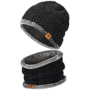 URECOVER Winter Beanie Scarf for Men - Black Slouchy Knit Fleece Cap for Women, Toboggan Hat Christmas Stocking Stuffers Birthday Gifts for Teens Unisex Adults