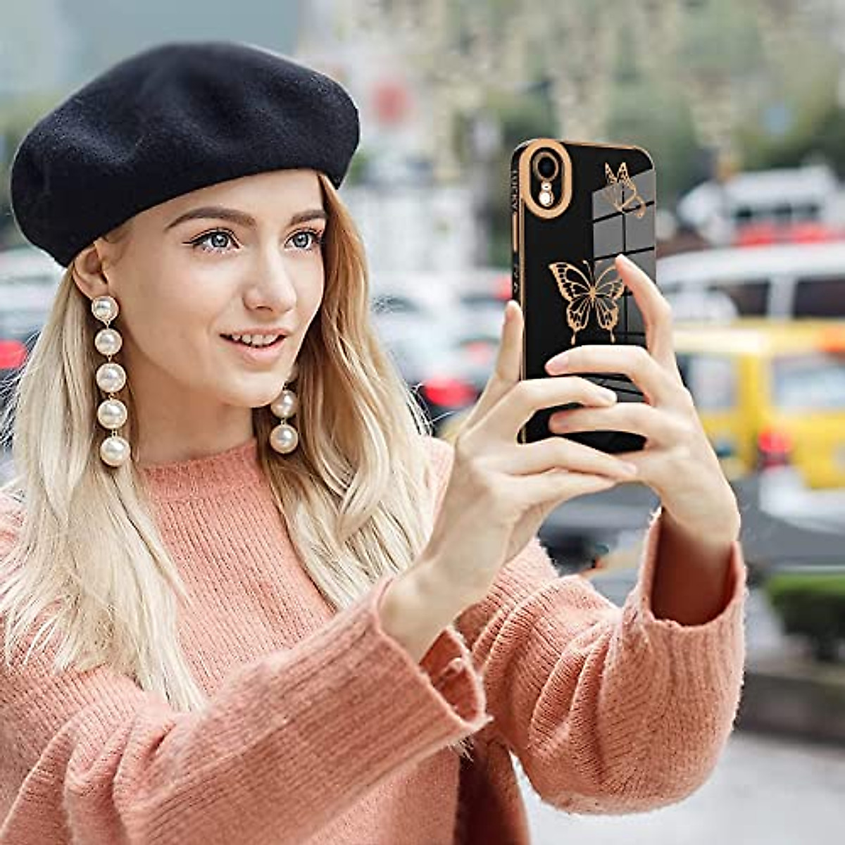 BITOBE Designed for iPhone XR Case Butterflies with Screen Protector for Women Girls,Cute Design Luxury Plating Full Camera Lens Protection Cover for iPhone XR 6.1“-Black