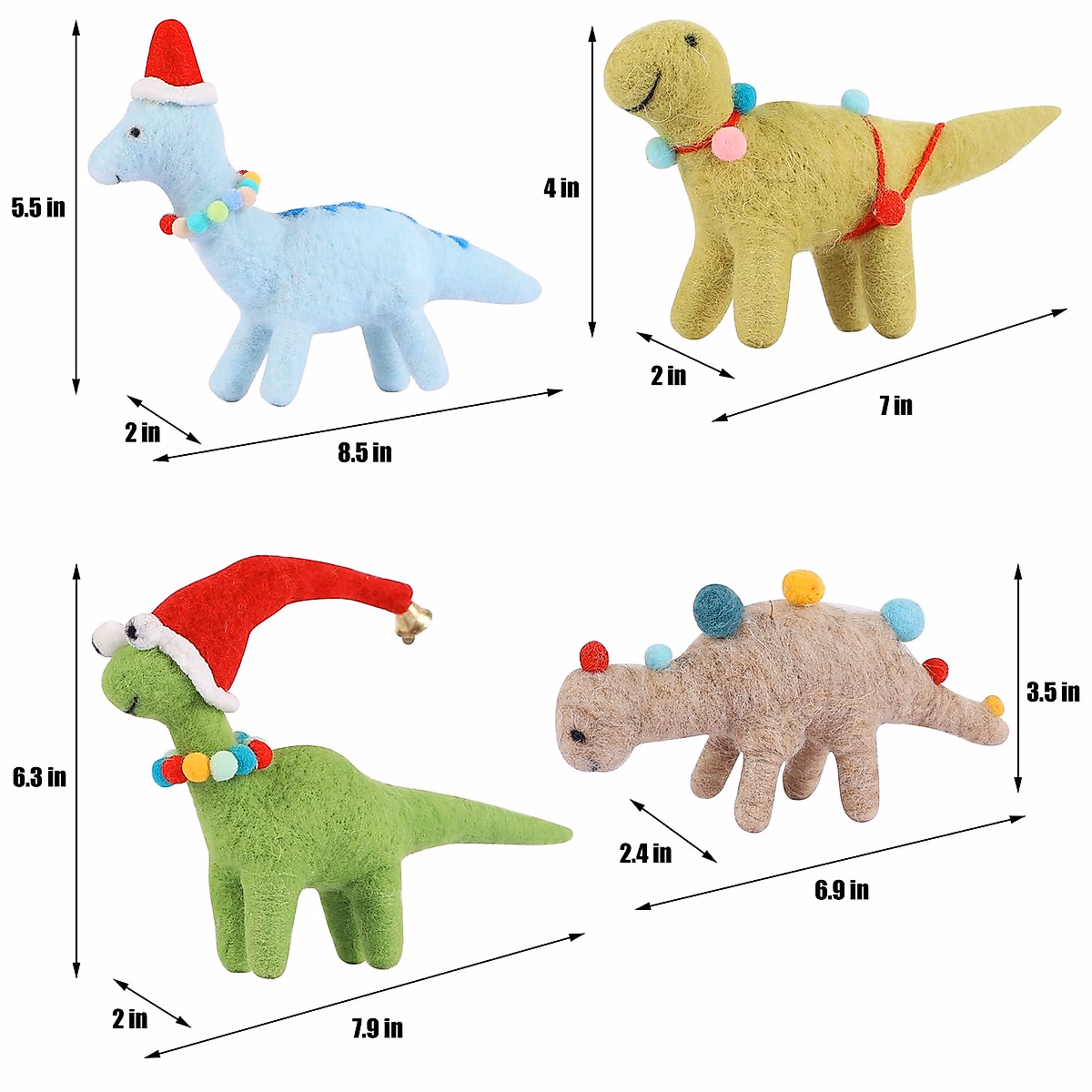 Juegoal Christmas Felt Dinosaurs Ornaments Set of 4, Xmas Wool Dinosaur Hanging Decor, Felt Animal Crafts Woodland Cute Christmas Tree Wreath Decor for Home Dinosaur Themed Birthday Party Supplies